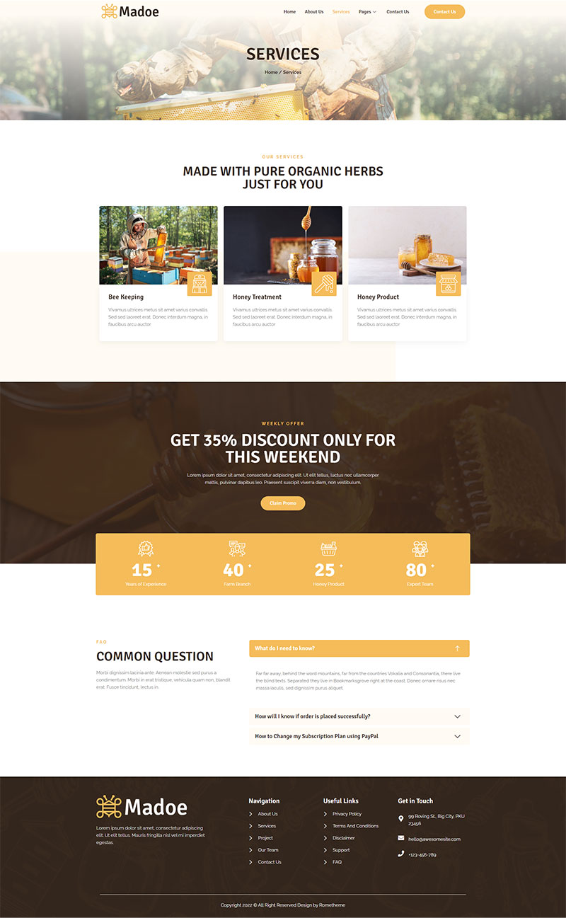 Madoe - Honey Bee Farm Elementor Template Kit by Rometheme | ThemeForest
